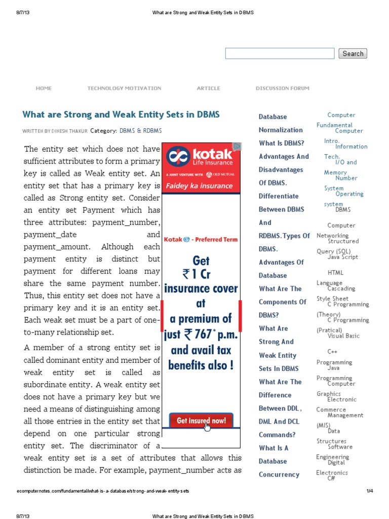 What Are Strong and Weak Entity Sets in DBMS PDF | PDF | Databases ...
