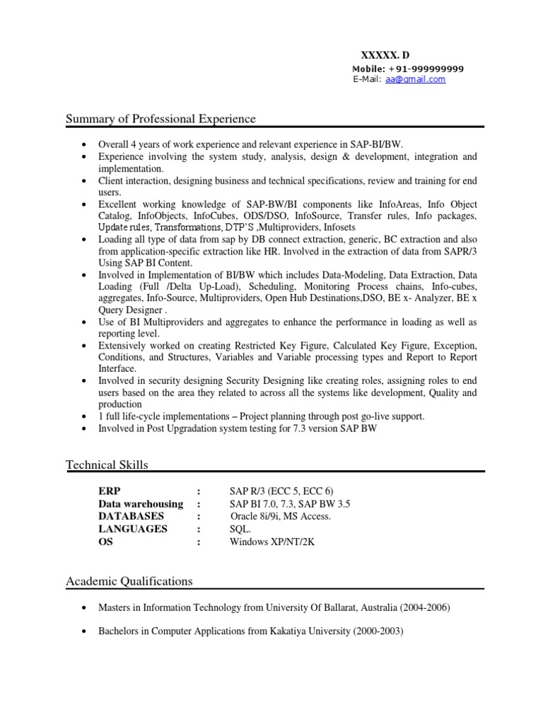 SAP BW Consultant Experience Summary | PDF | Business