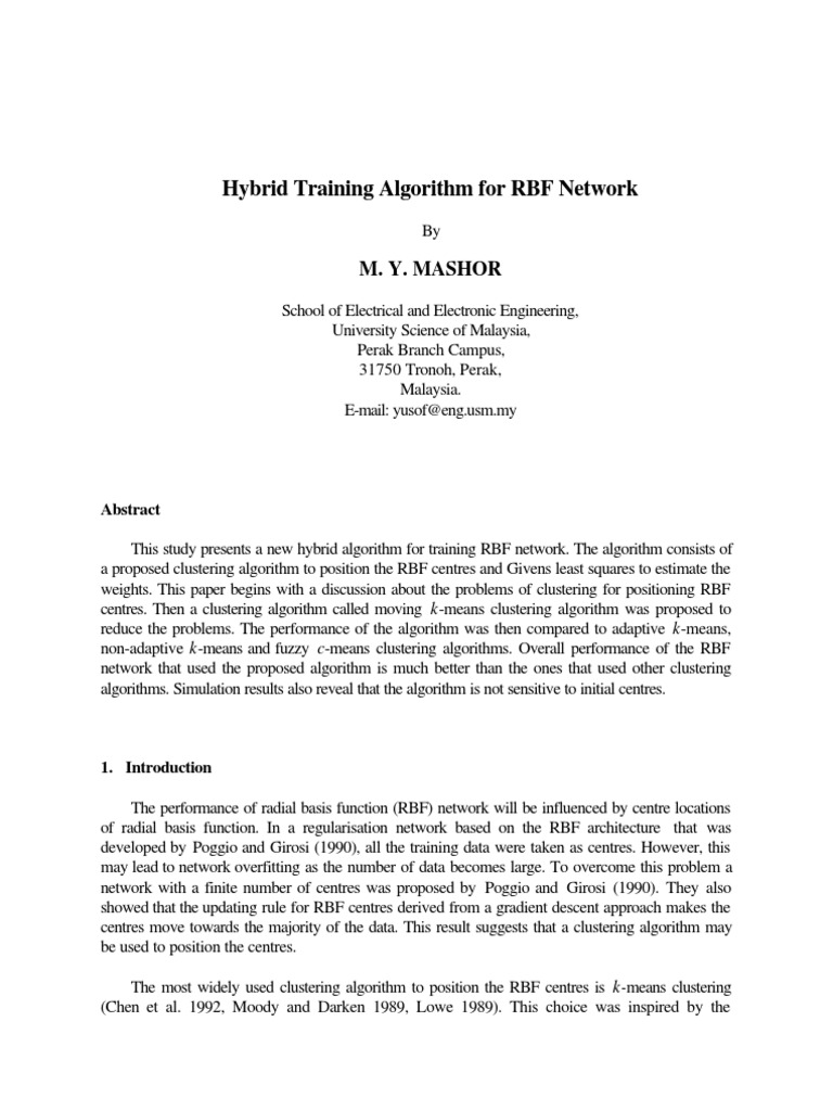 Hybrid Training Algorithm For RBF Network: M. Y. Mashor | PDF | Cluster Analysis | Least Squares
