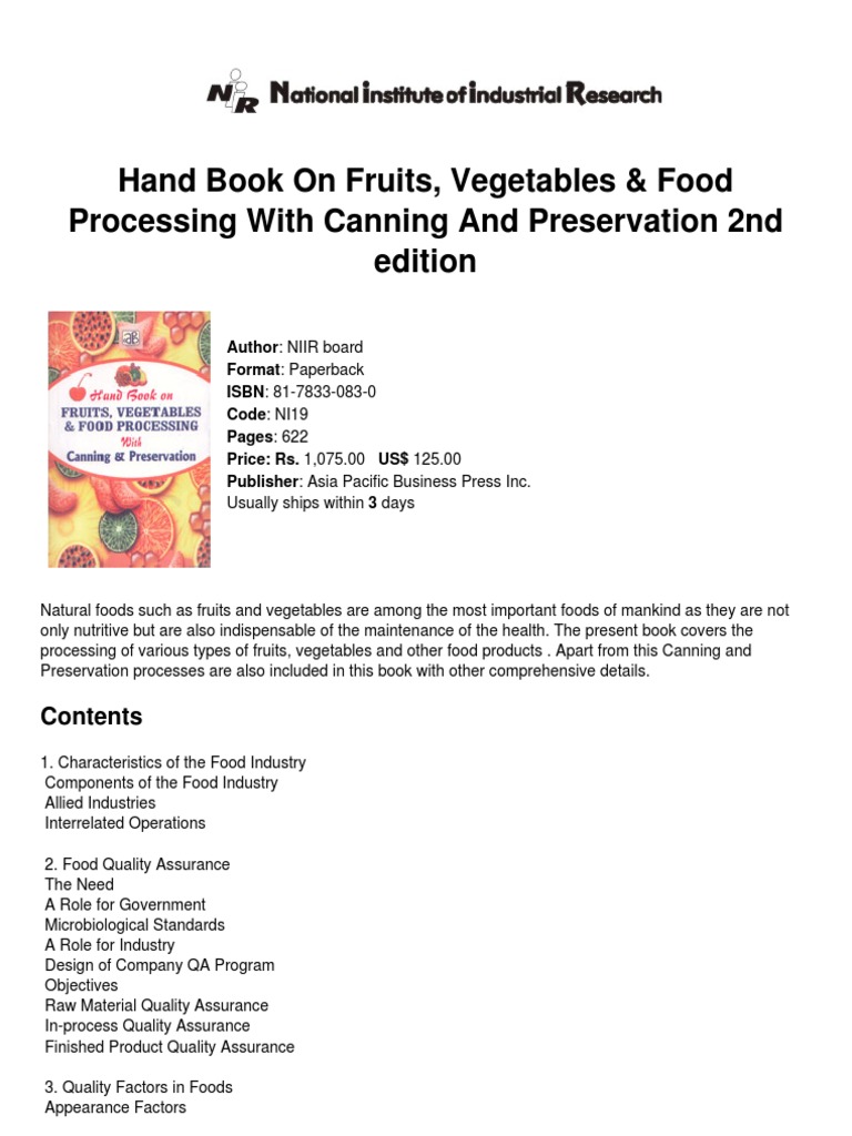 Hand Book On Fruits, Vegetables & Food Processing With Canning and ...