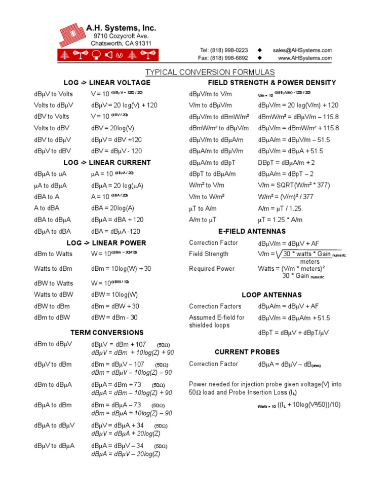 Typical Conversion Formulas | PDF | Decibel | Power (Physics)