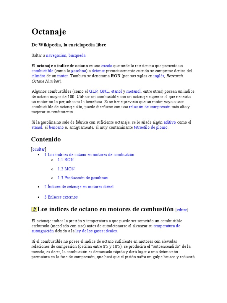 Octanaje: Medida de Combustibles y Motores | PDF | Gasolina | Química