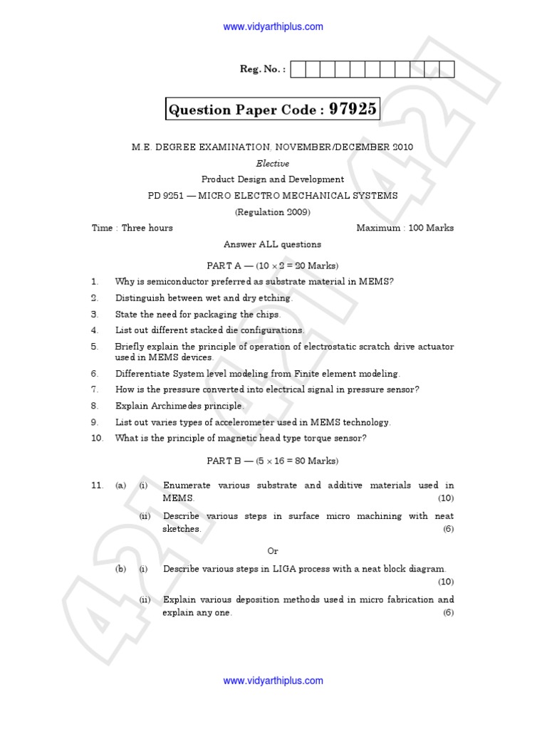 Microelectromechanical Systems (MEMS) Question Paper for Product Design ...