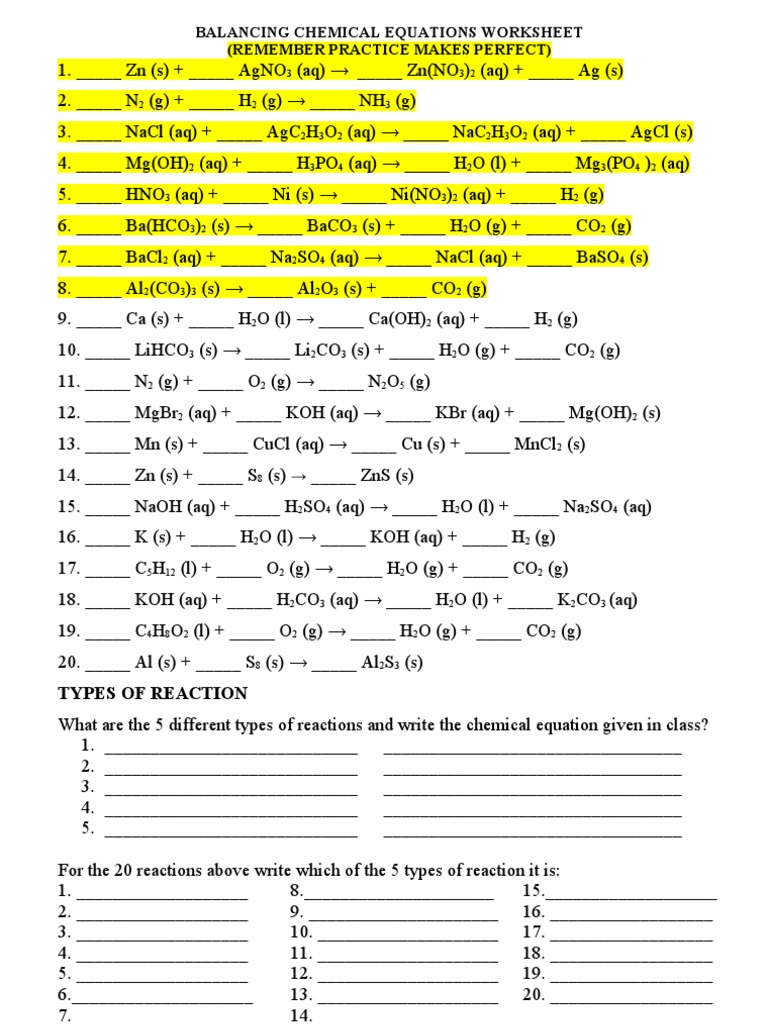 Balanced Chemical Equation Worksheet Balancing Chemical Equations