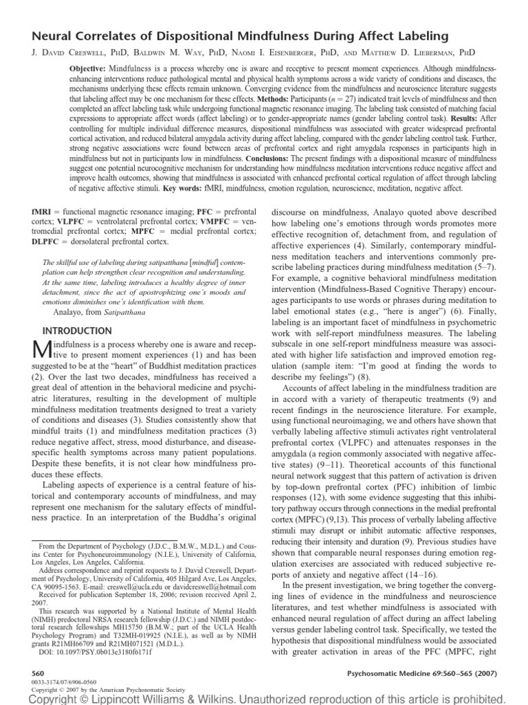 Neural Correlates of Dispositional Mindfulness During Affect Labeling ...