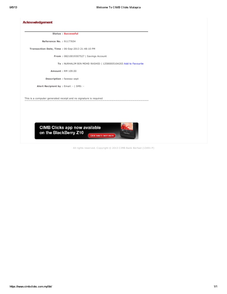 CIMB Clicks Transaction Receipt 2013 | PDF