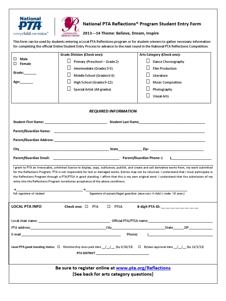 Reflections Student Entry Form 13.14 | PDF | Arts (General)