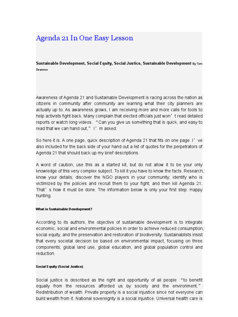 Agenda 21 in One Easy Lesson | PDF | Sustainability | Sustainable ...