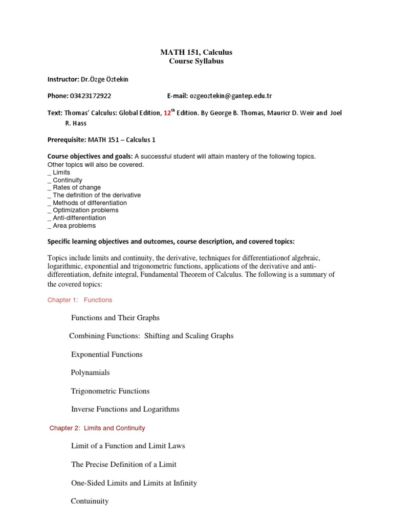 MATH 151, Calculus Course Syllabus: Chapter 1: Functions | Download ...