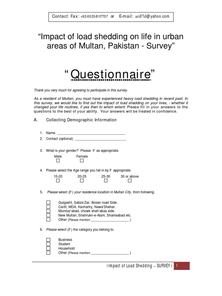 SURVEY Questionaire (Impact of Loadshedding On Life in Urban Areas of ...
