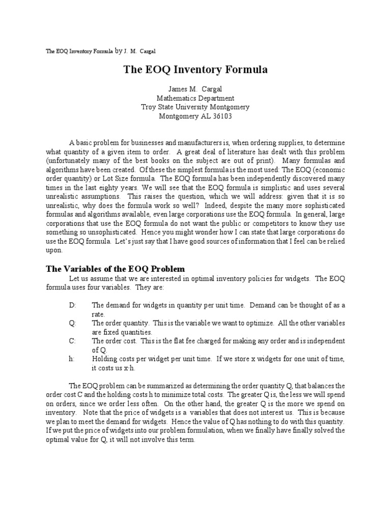The EOQ Formula | PDF | Spreadsheet | Quadratic Equation