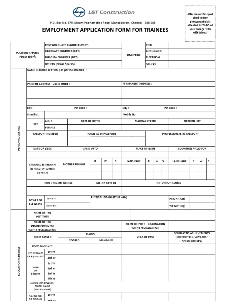 Employment Application Form for Trainees | PDF | Postgraduate Education ...