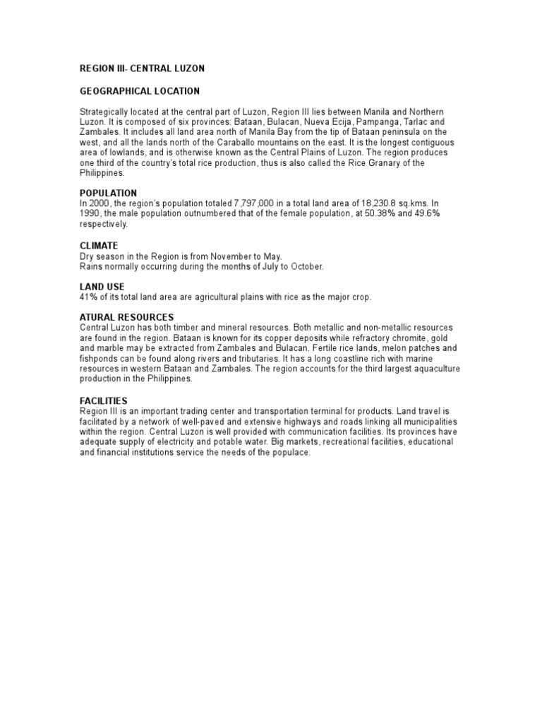 Central Luzon Overview: Geography, Population, Resources | PDF