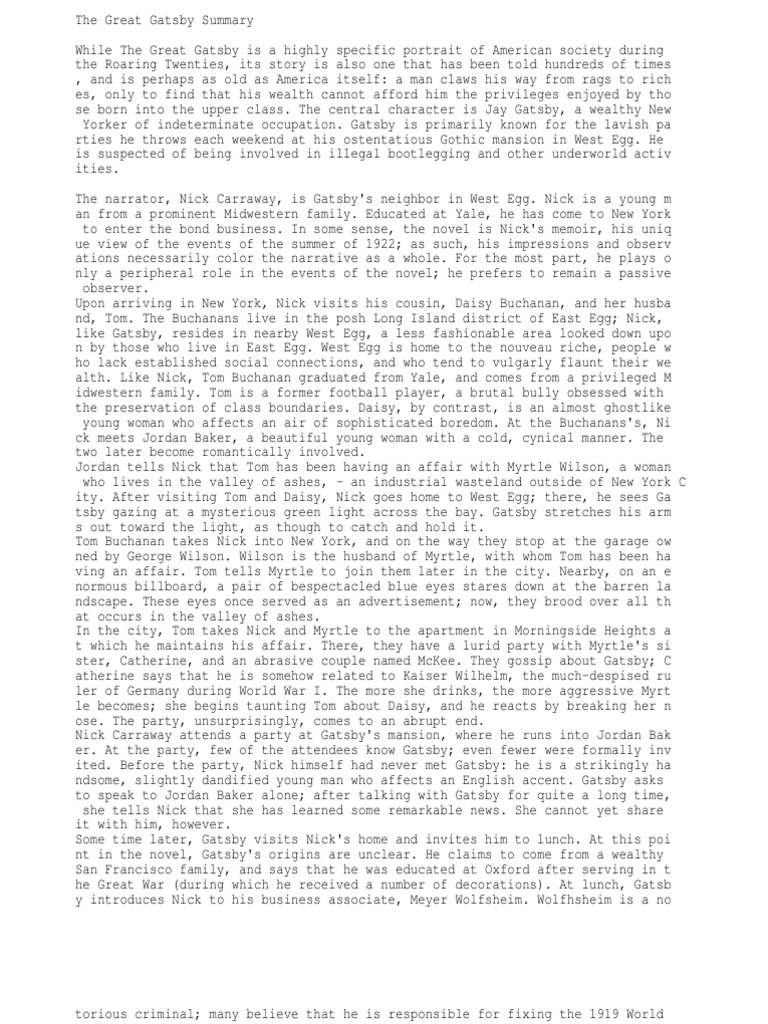 The Great Gatsby Summary | PDF | The Great Gatsby | Unrest