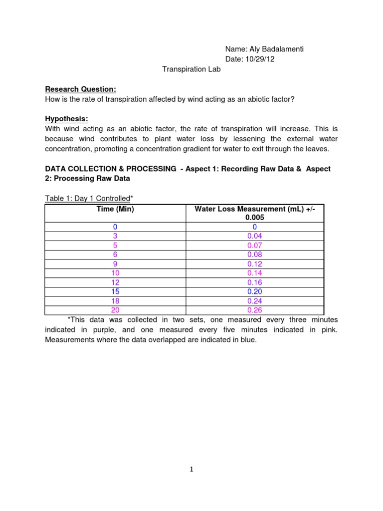 Biology Lab Sample-Transpiration | PDF | Observational Error | Statistics