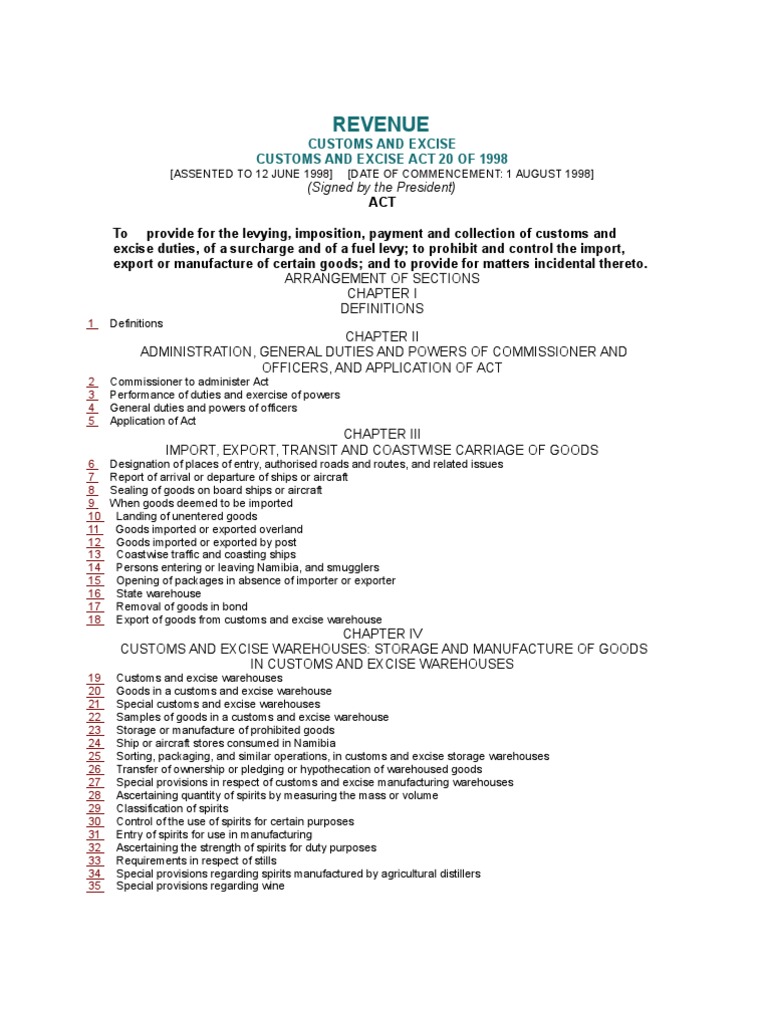 Customs and Excise Act 20 of 1998 | PDF | Excise | Taxation