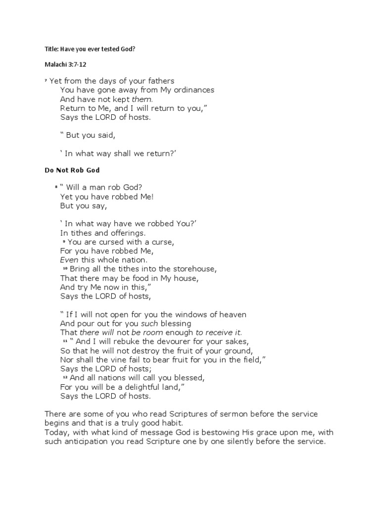 Title: Have You Ever Tested God? Malachi 3:7-12: Do Not Rob God | PDF ...