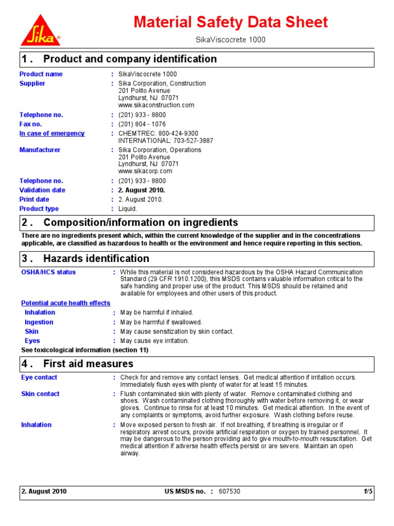 msds sika ViscoCrete 1000 | Dangerous Goods | Safety