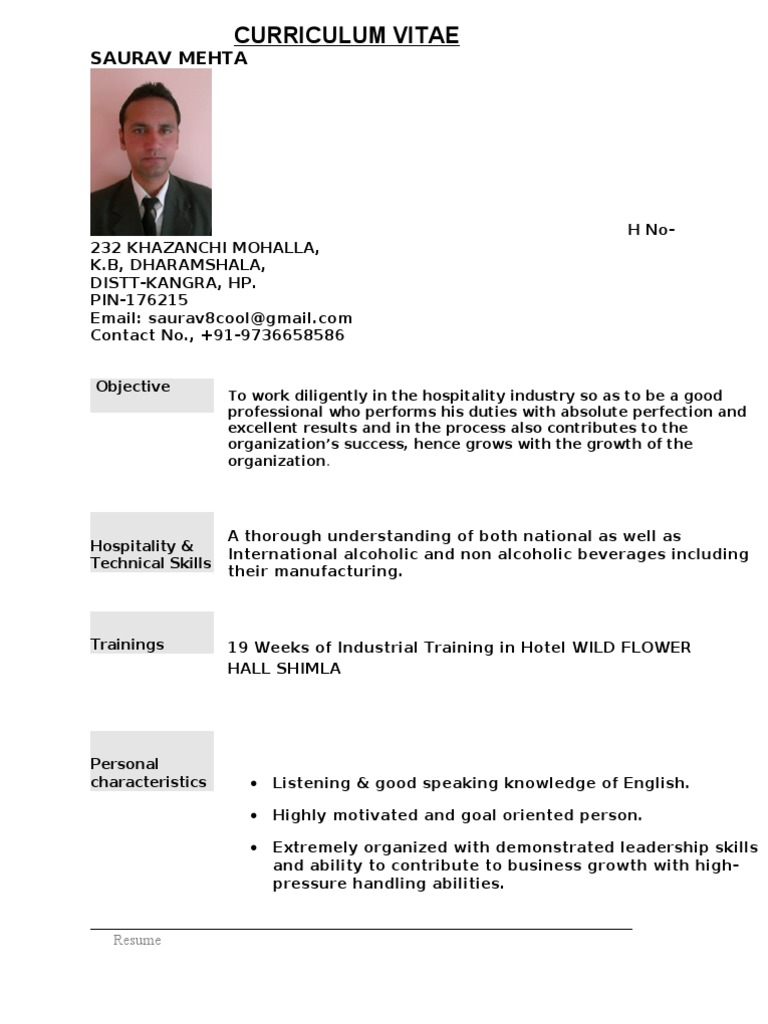 Saurav Mehta's Hospitality CV | PDF