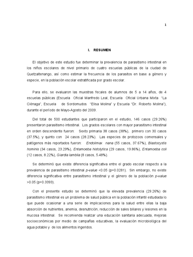Prevalencia de Parasitosis Intestinal en Cuatro Escuelas Públicas | PDF ...