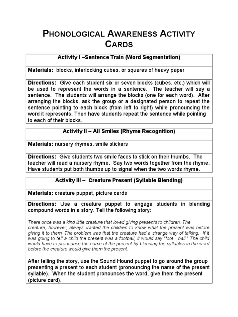 Phonological Awareness Activities Guide | PDF | Language Arts & Discipline