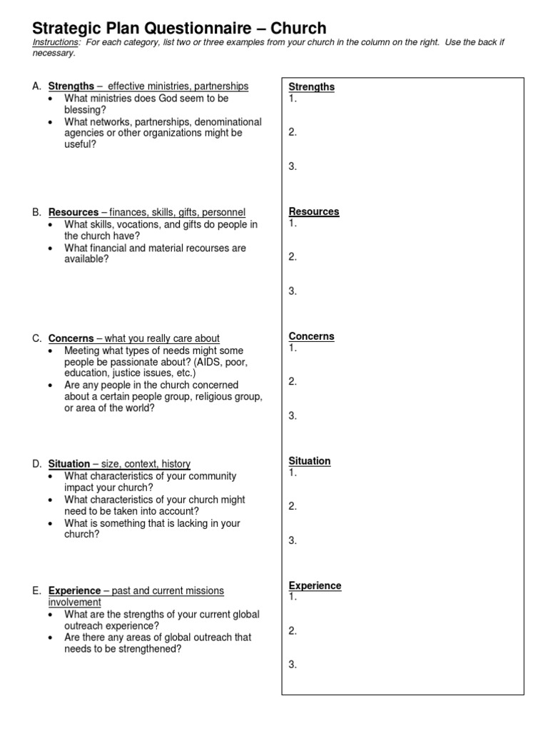Strategic Plan Questionnaire - Church | PDF