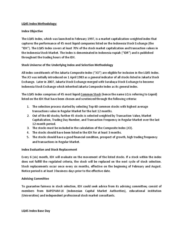 LQ45 Index Methodology by IDX PDF | PDF | Stock Market Index | Index ...