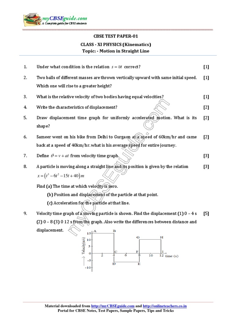 11 Physics Kinematics Test 01 | PDF | Velocity | Kinematics