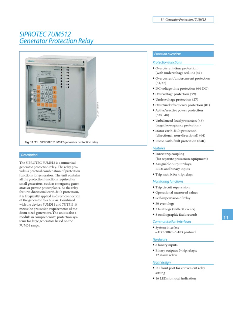 Siemens SIPROTEC 7UM512 Relay Overview | PDF | Electric Generator | Relay