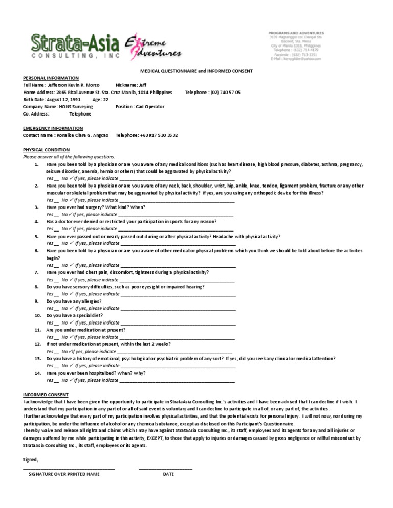 Medical Questionnaire & Consent Form | PDF | Informed Consent | Health Care