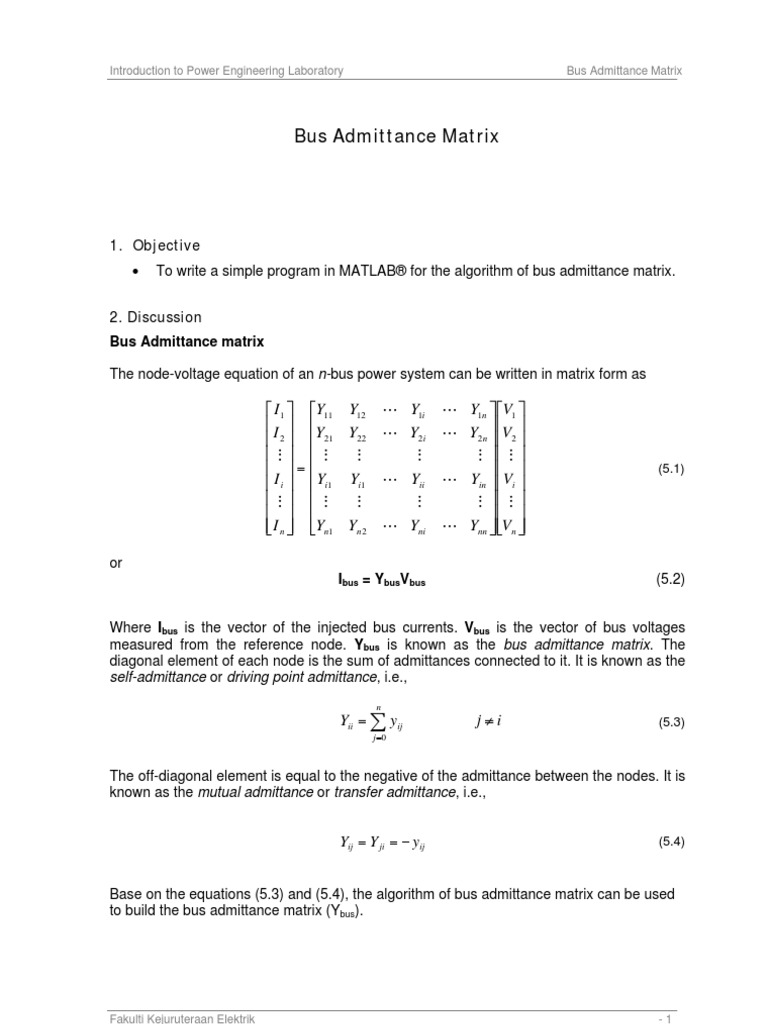 MATLAB Lab 5a - Bus Admittance Matrix 200 | PDF | Matrix (Mathematics ...