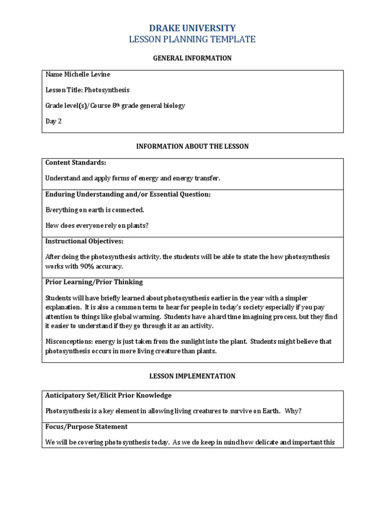 Lesson Plan Photosynthesis | PDF | Photosynthesis | Classroom