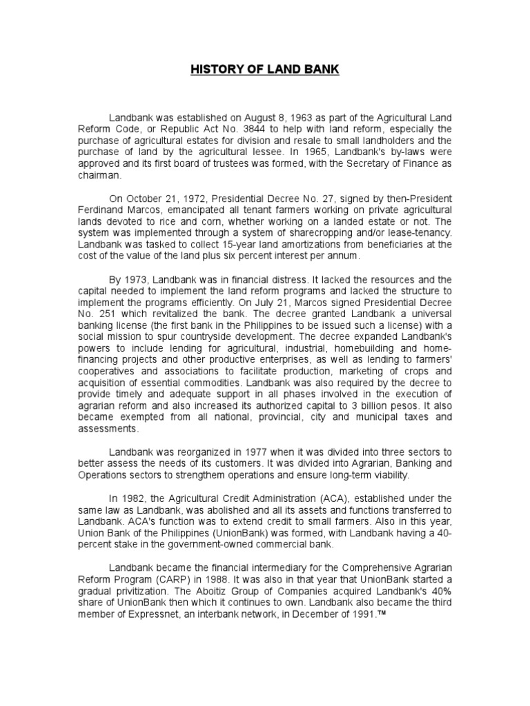 HISTORY OF LAND BANK | Financial Services | Government