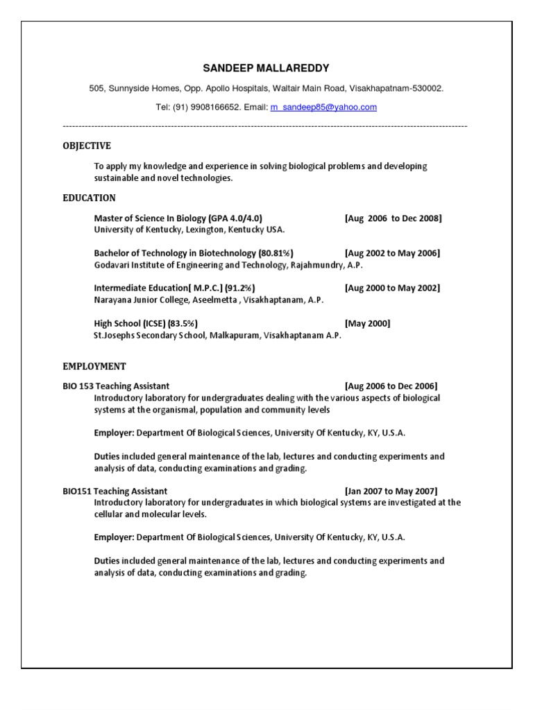 Biotechnology Fresher Resume Sample | PDF | Ploidy | Polymerase Chain ...