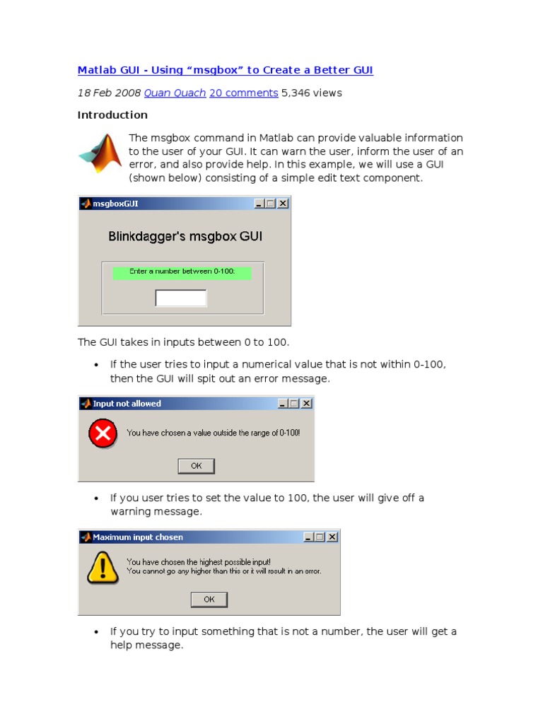 Create Better GUIs with msgbox | PDF | Graphical User Interfaces | Matlab