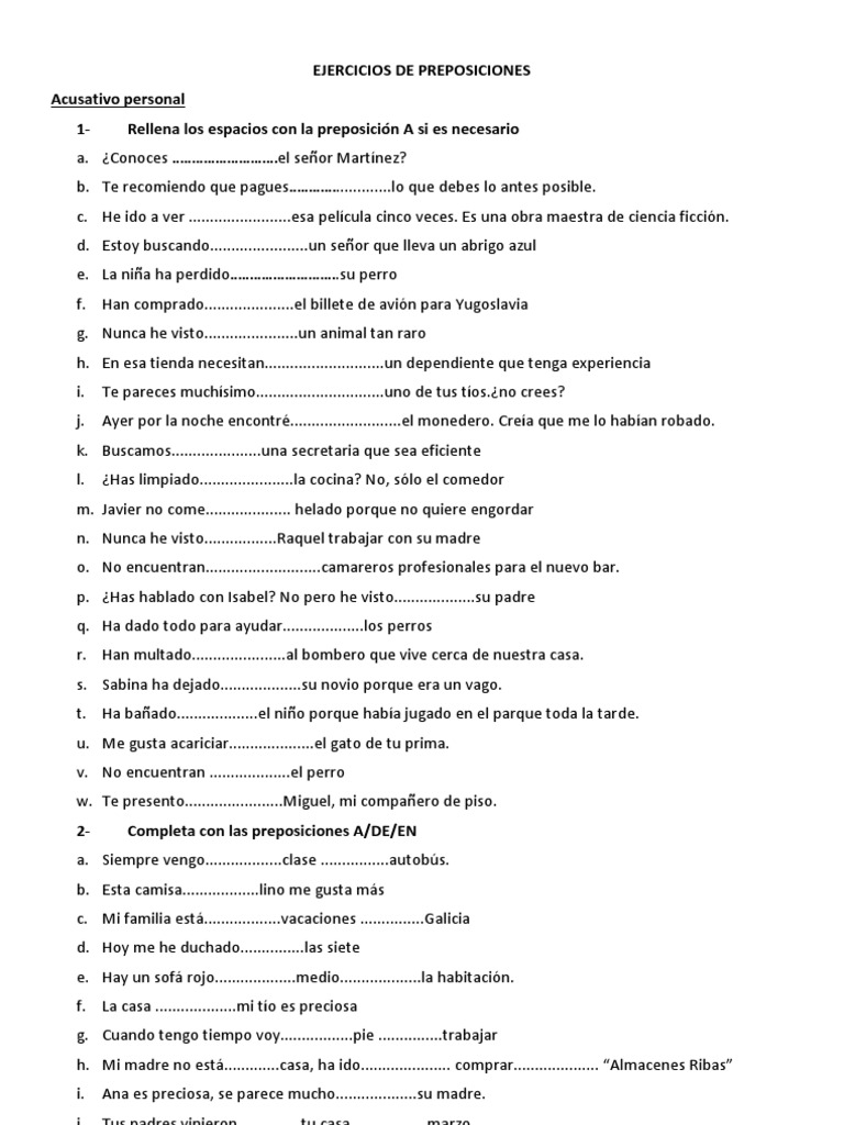Ejercicios de Preposiciones | PDF