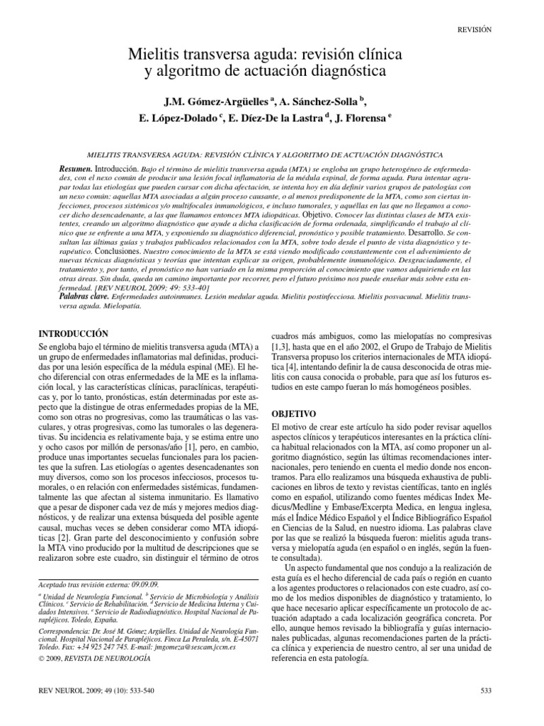 Mielitis Transversa Aguda. Revisión Clínica y Algoritmo de Actuación ...