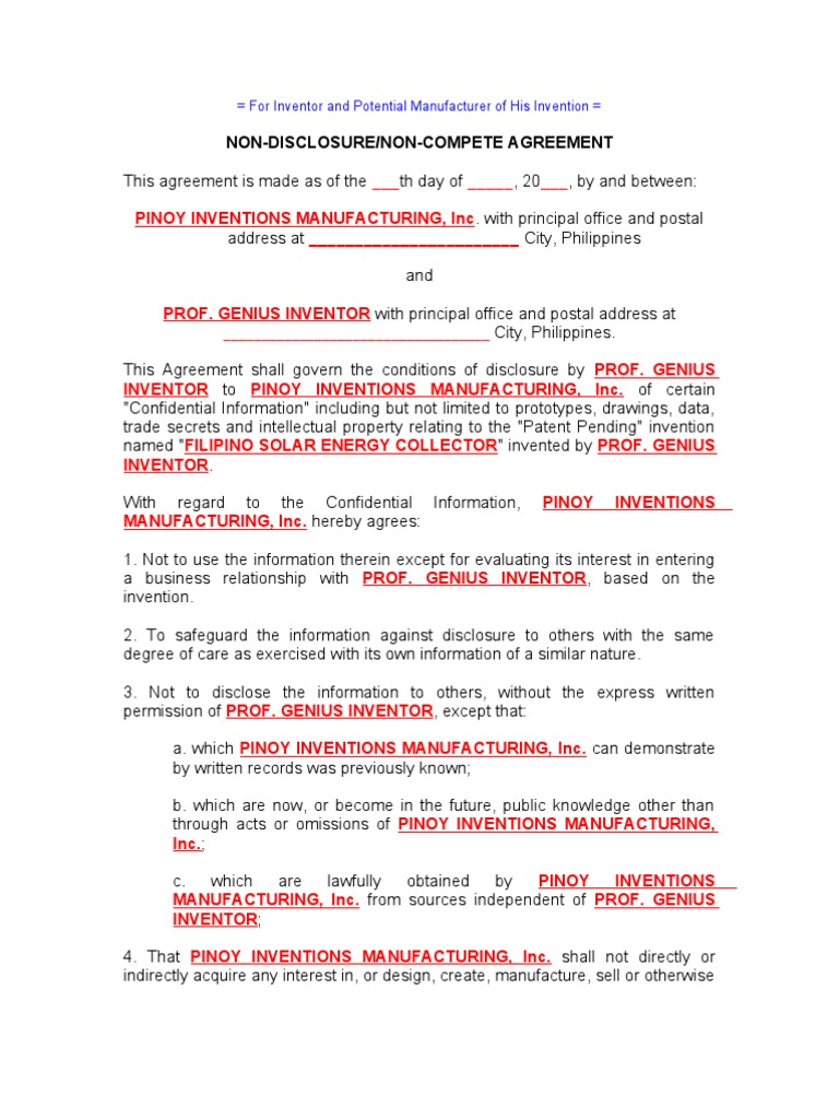 Non Disclosure Non Compete Agreement For Inventors | PDF | Invention ...