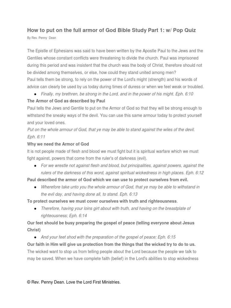 How To Put On The Full Armor of God Bible Study Part 1: W/ Pop Quiz ...