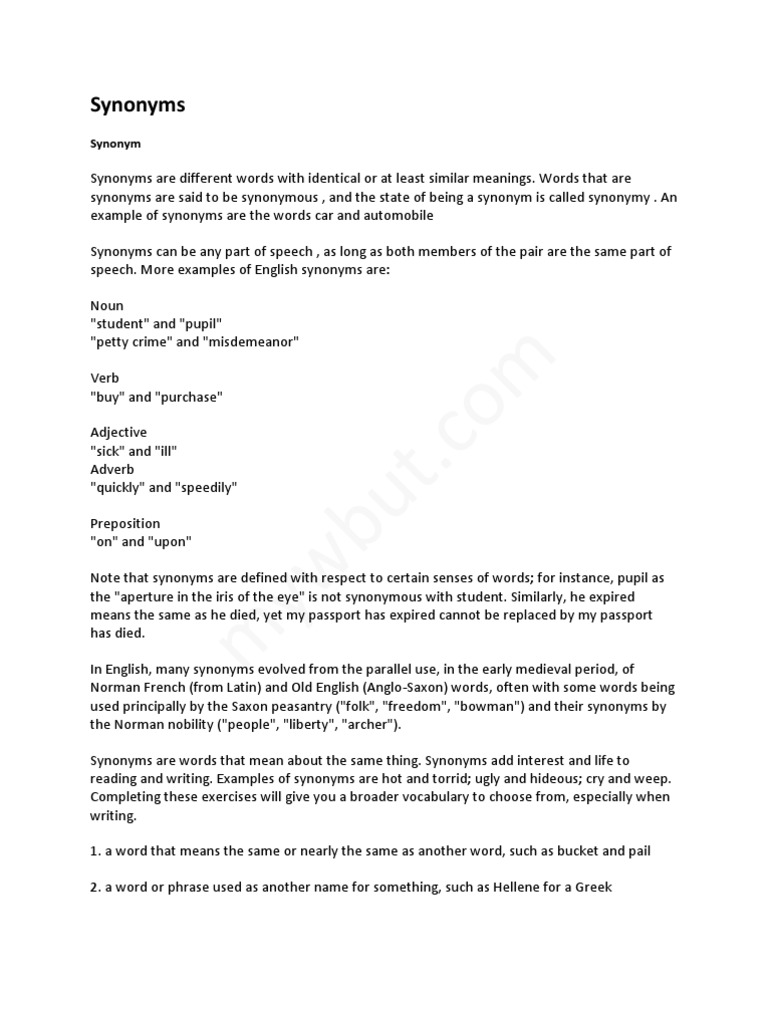 Synonyms: Synonym | PDF | Part Of Speech | Vocabulary