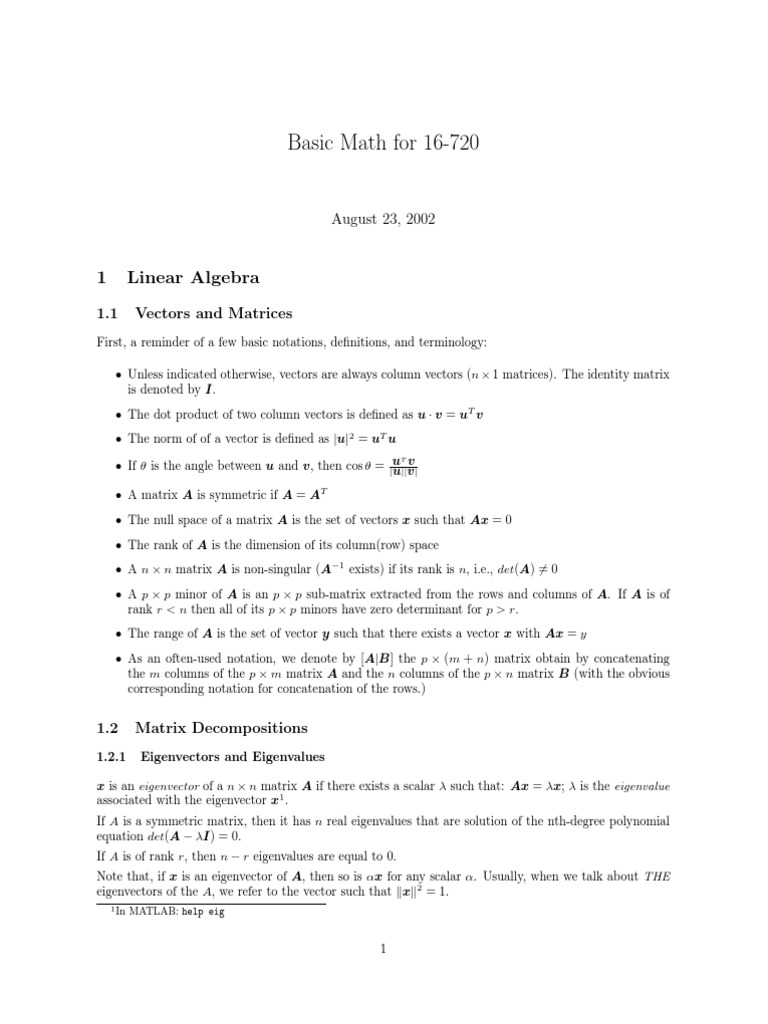 Basic Math Review for Linear Algebra Course | PDF | Eigenvalues And ...