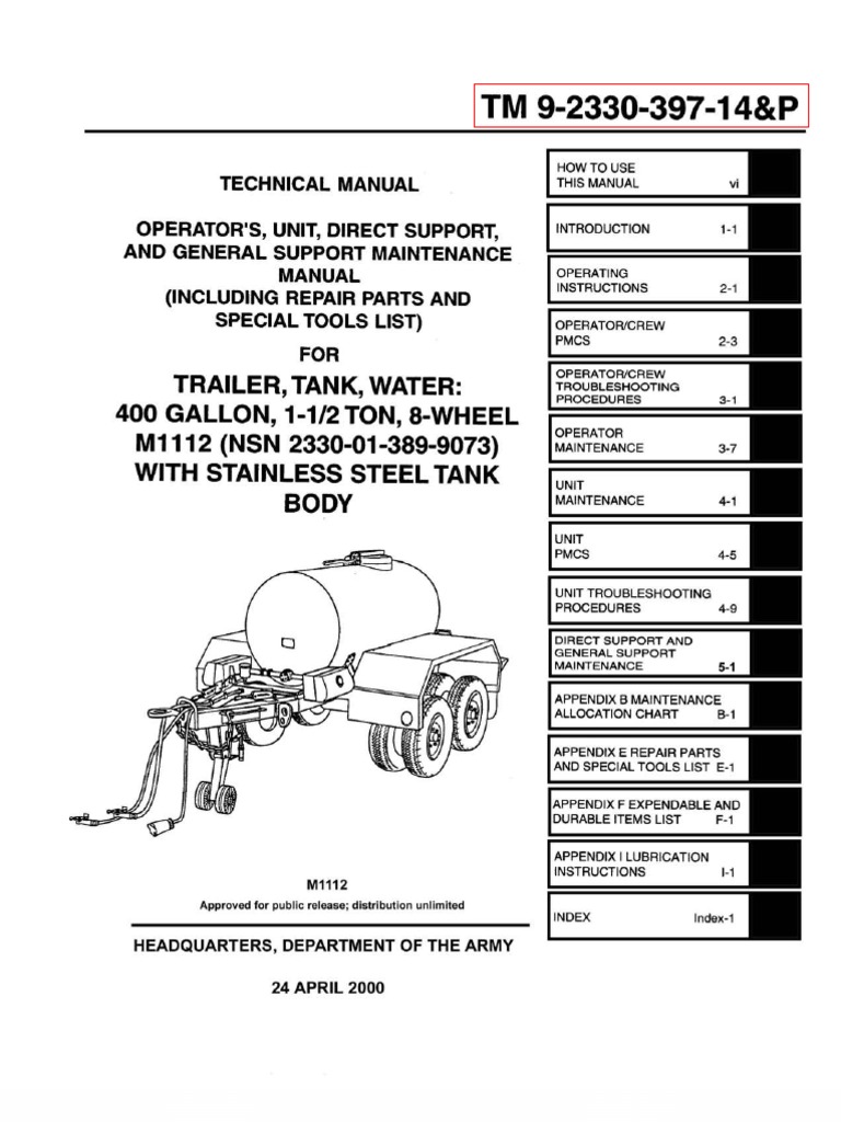 TM 9-2330-397-14P M1112 Trailer, Tank, Water 400 Gallon Part 1 | PDF ...