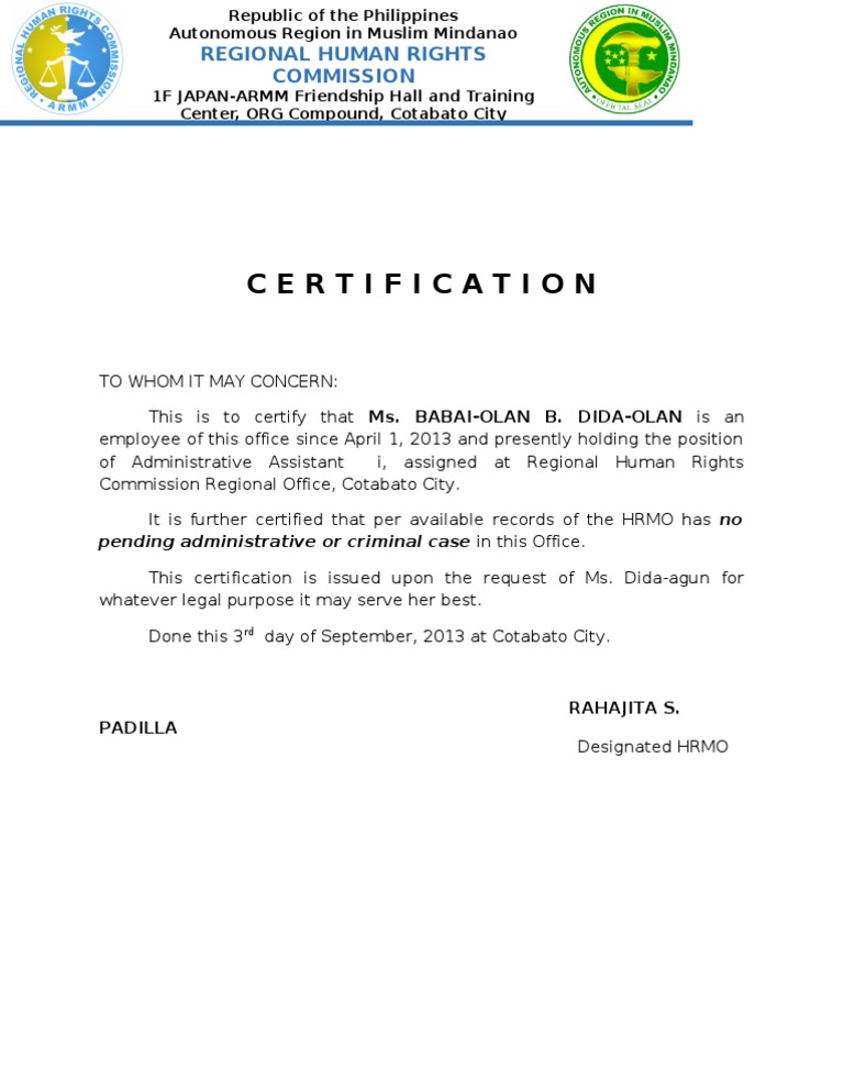Certification: Regional Human Rights Commission | PDF