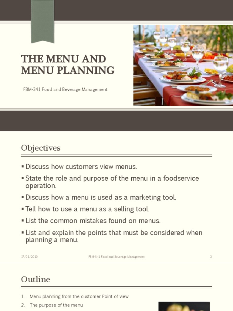The Menu and Menu Planning: FBM-341 Food and Beverage Management | PDF ...