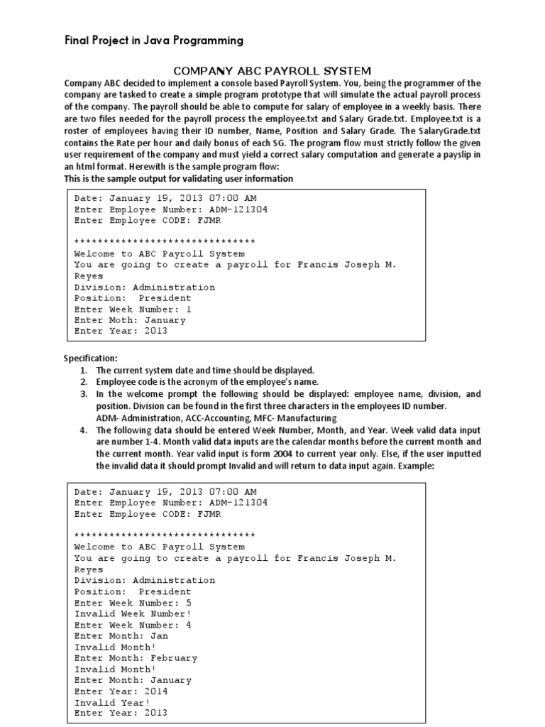F P J P: Inal Roject in Ava Rogramming Company Abc Payroll System ...