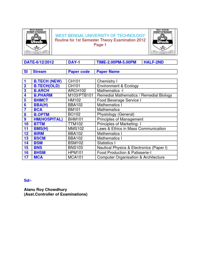 Routine For 1 ST Sem 2012 | PDF | Engineering | Teaching Mathematics