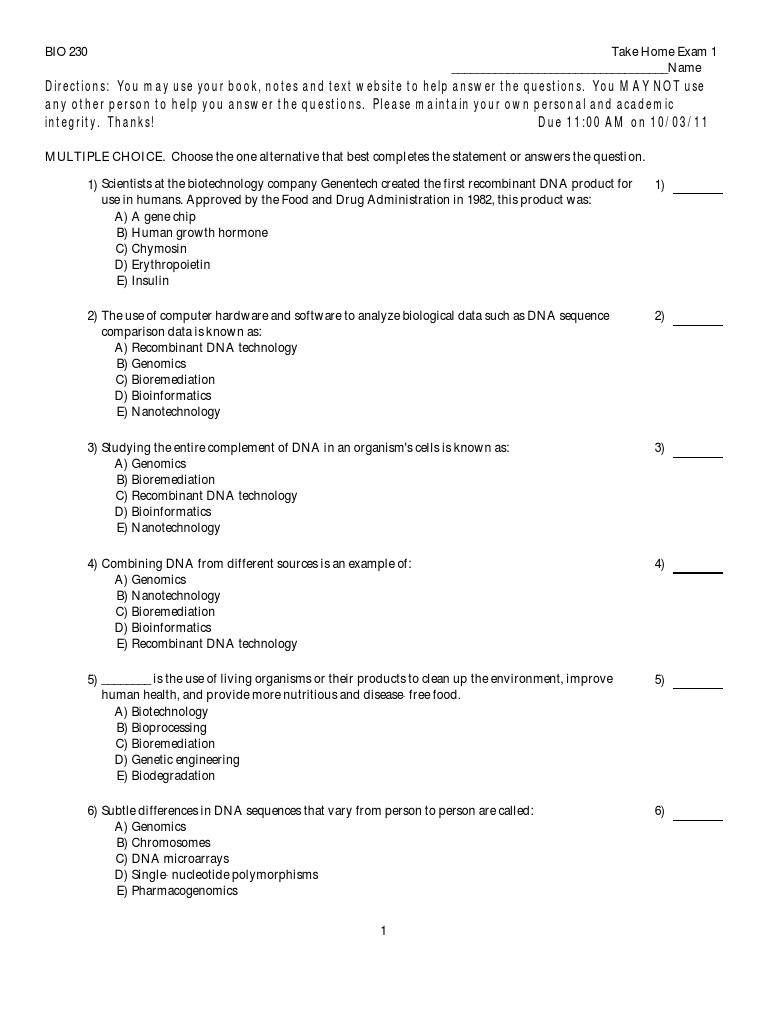 Biotechnology Exam Practice Questions | PDF | Translation (Biology) | Dna