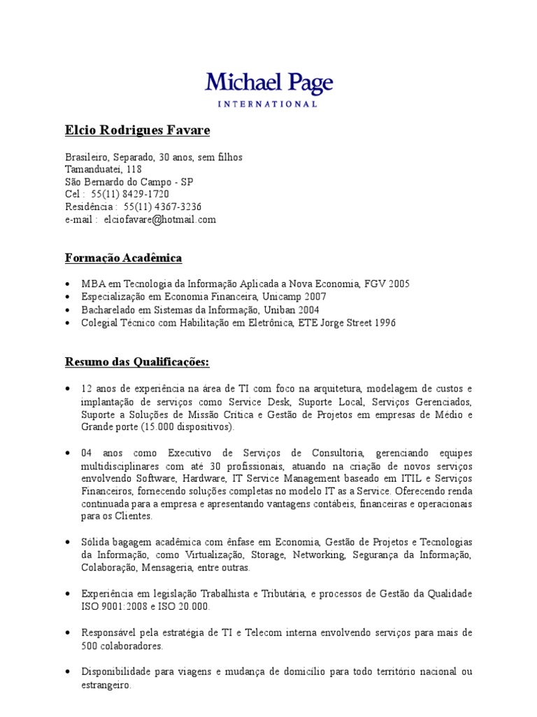 Modelo de CV (Michael Page) | PDF | Itil | Gerenciamento de serviço de TI