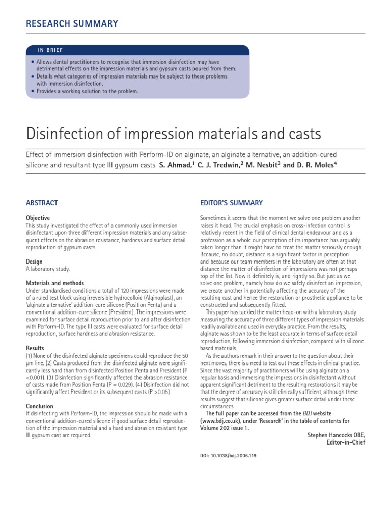 Disinfection of Impression Materials and Casts | PDF | University ...