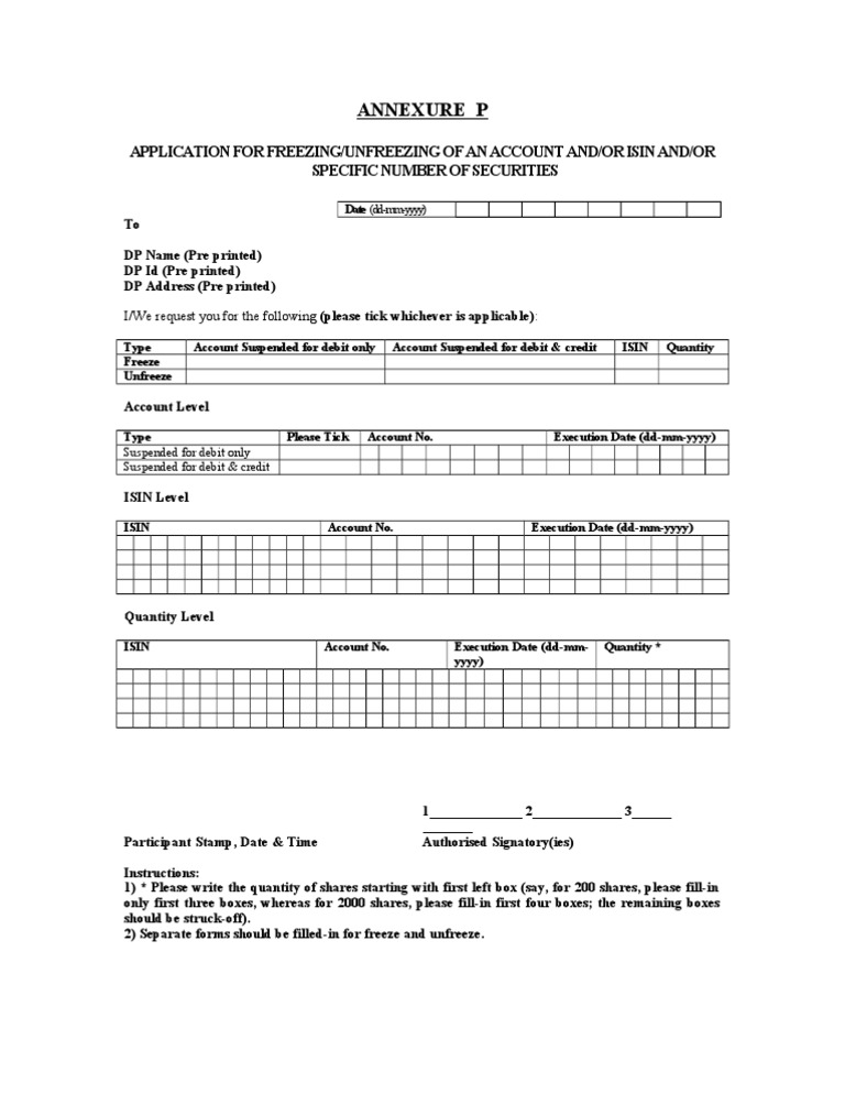 Annexure P: Application For Freezing/Unfreezing of An Account And/Or ...